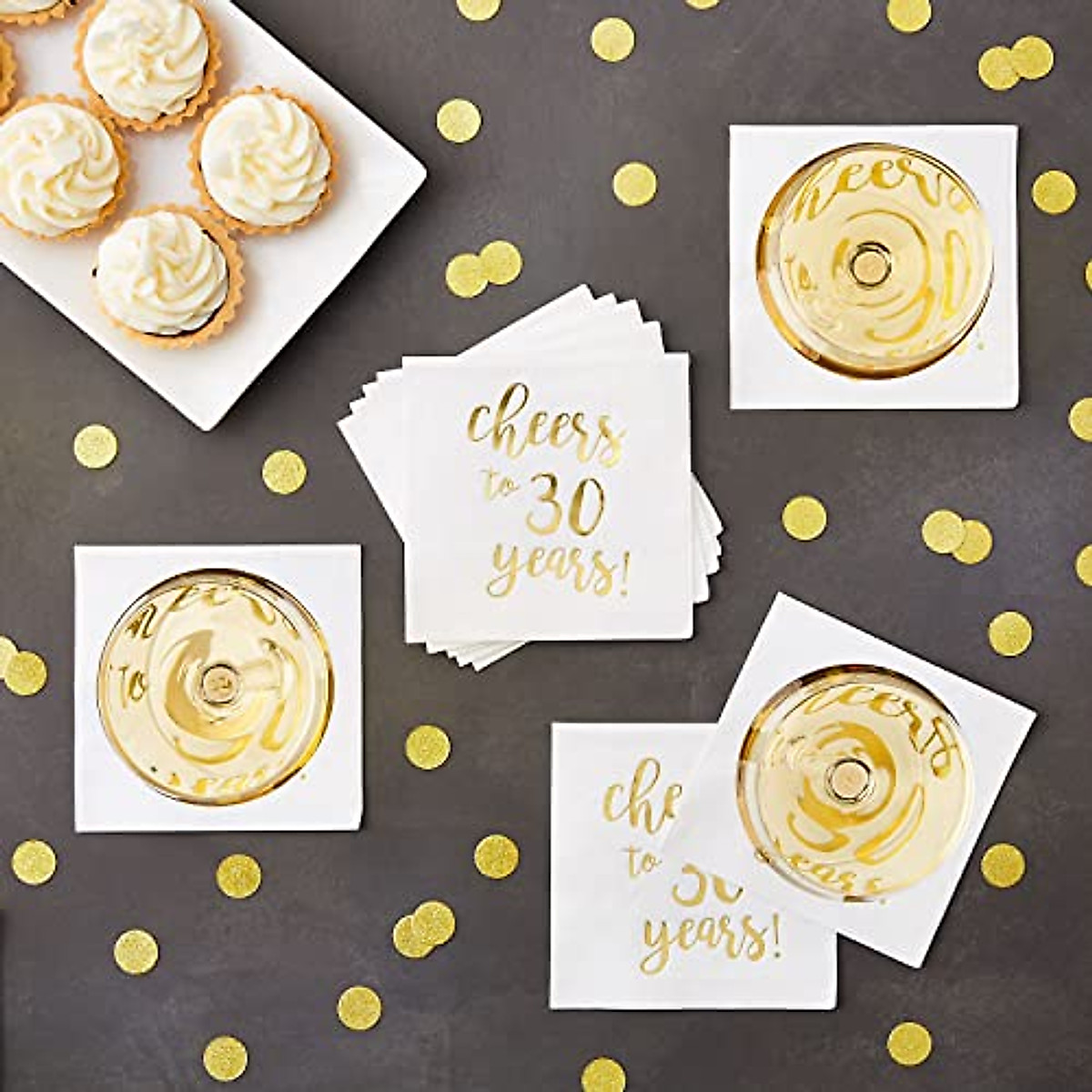 50 Pack Cheers to 30 Years Cocktail Napkins for 30th Birthday, Anniversary Party Supplies, 3-Ply, White and Gold Foil (5 x 5 In)