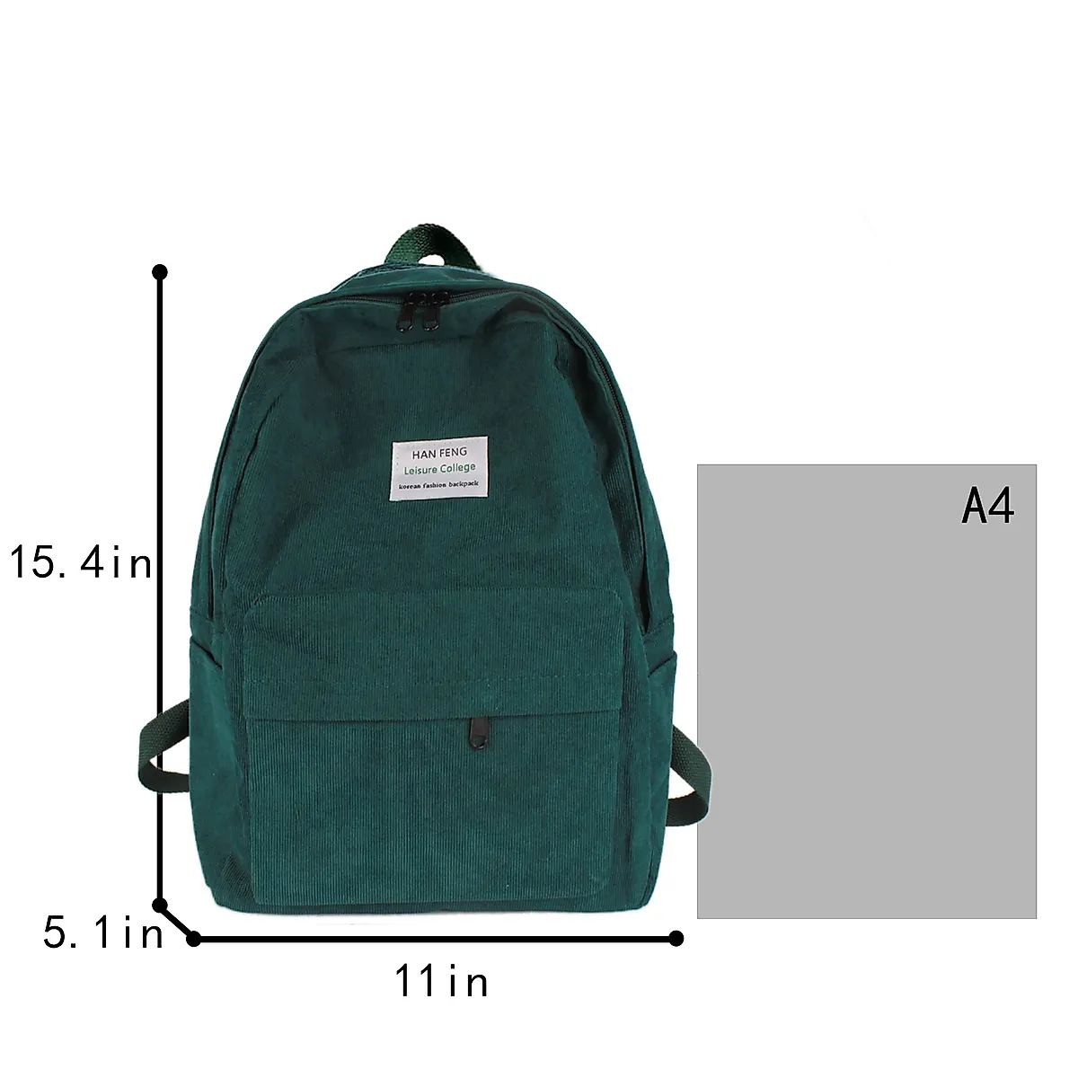 Van Caro Corduroy School Backpack Large College Backpack Casual Bookbag Laptop Backpack Computer Bag Travel Daypack for Girls Boys Teens,Black Green(no Pendant)