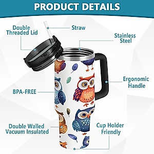 FRCSDIY Cartoon Owl Insulated Tumbler with Handle and Straw Lid,30oz Leakproof Stainless Steel Cup BPA-Free Water Bottle