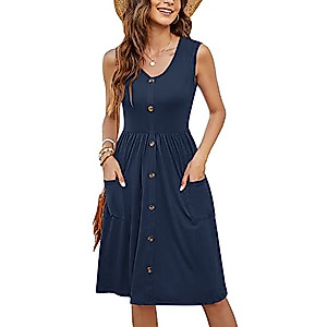MOLERANI Women Summer Dresses Sleeveless Casual Loose Swing Button Down Midi Dress with Pockets(Navy Blue,XL)