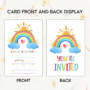 YUEXLL Boho Rainbow Birthday Party Invitations Cards with Envelopes, Sunshine Rainbow Party Invitations, Birthday Celebration Supplies, Double-sided Fill-in bday Invites for Boys Girls- A30