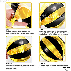 Big, 22 Inch Black and Gold Balloons - Pack of 6, Black and Gold Party Decorations | 360 Degree 4D Sphere Round Gold Black Metallic Balloons for Disco Party Decorations | Hollywood Party Decorations