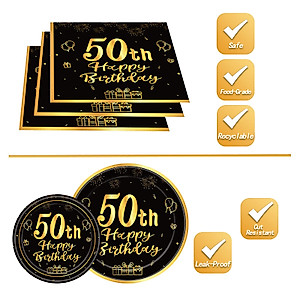 144PCS 50th Birthday Plates and Napkins Birthday Party Tableware Birthday Party Supplies 50th Birthday Party Decorations for Men Women 50th Birthday Paper Plates Napkins Cups Fork and Knives Serve 24