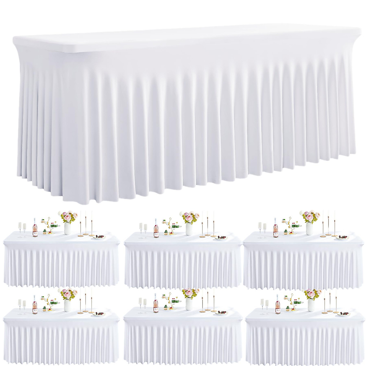 Outpain White Spandex Table Clothes for 8 Foot Rectangle Tables-6Pack 8FT Spandex Fitted Table Cover, Wrinkle Free Tablecloths with Skirt for Parties, Wedding, Birthday, Banquet, Festival
