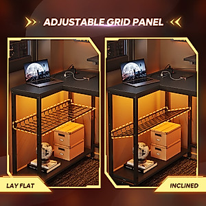 Bestier Small Gaming Desk with Power Outlets,42 L Shaped LED Computer Desk with Stand Reversible Shelves,Corner Gamer Desk with Headset Hooks USB Charging Port,Carbon Fiber Black