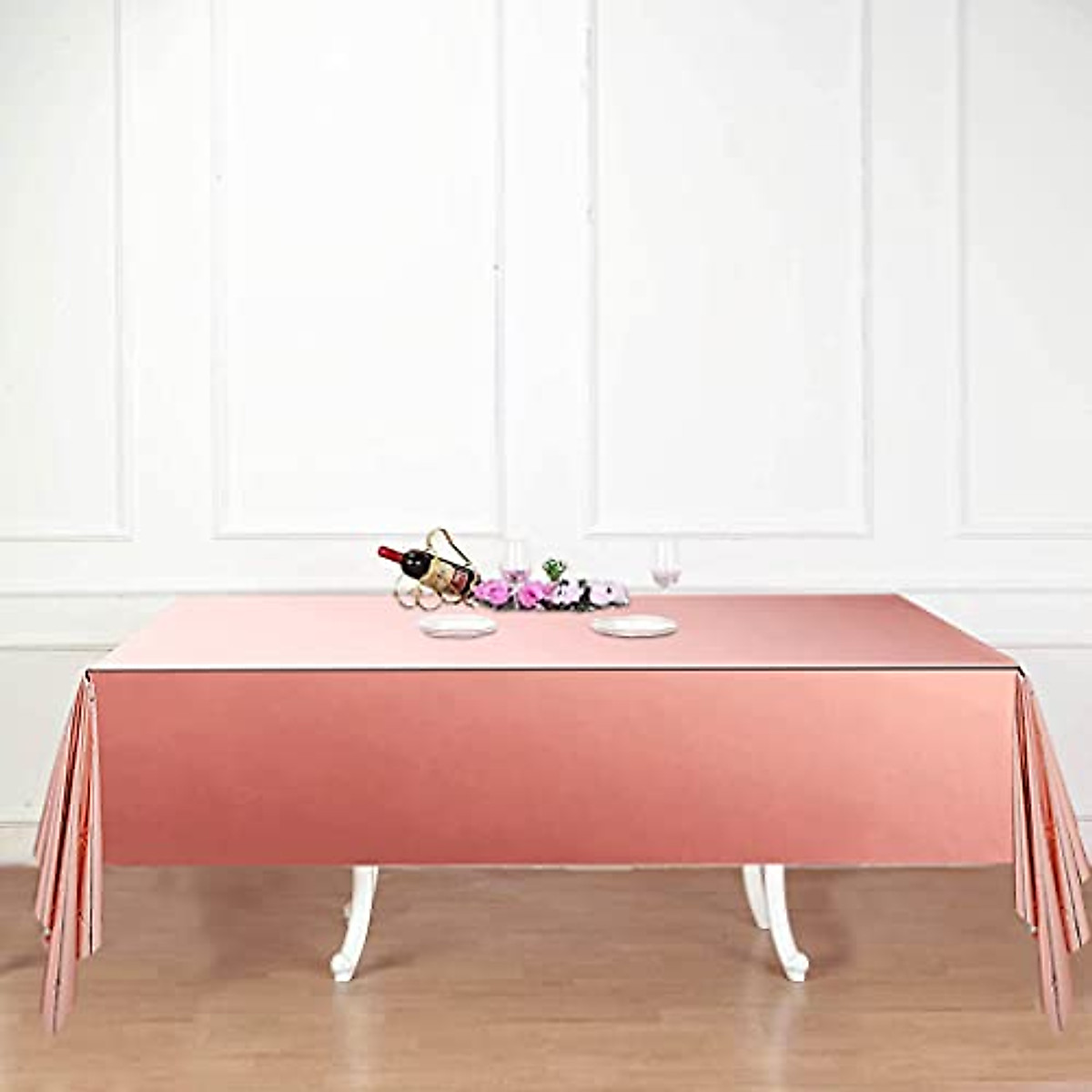2Pcs Rose Gold Plastic Tablecloth Rose Gold Tinsel Foil Table Cover Disposable Rectangular Metallic Tablecloth Rose Gold Party Supplies Decorations for Bachelorette, Baby Shower, Wedding Table Decor
