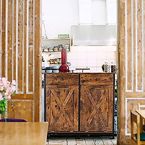 UEV Double Barn Door Style Trash Cabinet, Double Tilt Out Trash Cabinet with Solid Hideaway Drawer,Rustic Kitchen Trash Cabinet,Free Standing Wooden Kitchen Recycling Cabinet Trash Can Holder