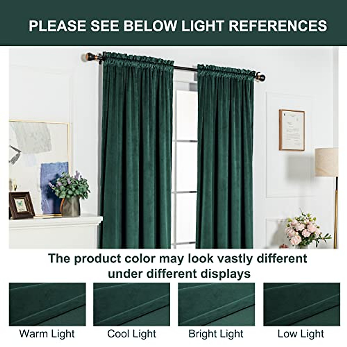 FY FIBER HOUSE 2 Window Panels, Room Darkening, Rod Pocket Super Soft Luxury Velvet, Energy Efficient, 52W x 63L, Decorative Drapes, Dark Green