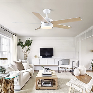 POCHFAN 52 inch White Ceiling Fans with Lights and Remote, Wooden 5 Blades LED Modern Ceiling Fan for Bedroom, Living Room, Dining Room, 3 CCT 6-Speed Quiet Reversible