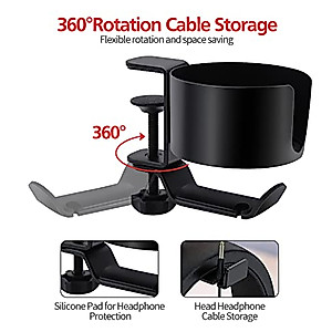 Headphone Hanger with Cup Holder, 1 Pack/2 Pack 2-in-1 Anti-Spill Cup Holder with Under Desk Headphone Hanger, 360° Rotation Headphone Holder Aluminum Headset Stand Headphone Hook (2 Pack)