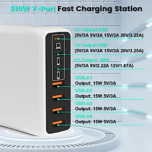 USB C Charger,210W USB C Charging Station 7-Port Fast Charger USB C Charger Block 65W USB-C Laptop Charger USB C And A For MacBook Pro/Air, Pad Series,iPhone 14/13/Pro/13Pro Max/12 Samsung Galaxy Note