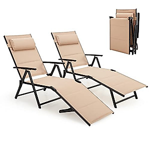 GYUTEI Outdoor Folding Lounge Chair 2 Sets Reclining Adjustable Lightweight Chaise Lounge Chair with 7 Position Adjustable Backrest for Beach,Swimming Poolside,Patio(Khaki)
