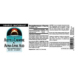 Source Naturals Acetyl L-Carnitine & Alpha-Lipoic Acid, for Cellular Vitality*, 650mg - 60 Tablets