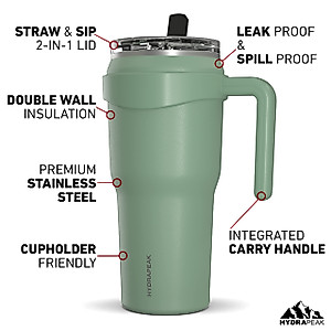 Hydrapeak Roadster 40oz Stainless Steel Tumbler Double Wall Vacuum Insulated Water Bottle With Handle And 2 in 1 Straw Lid (Sage)