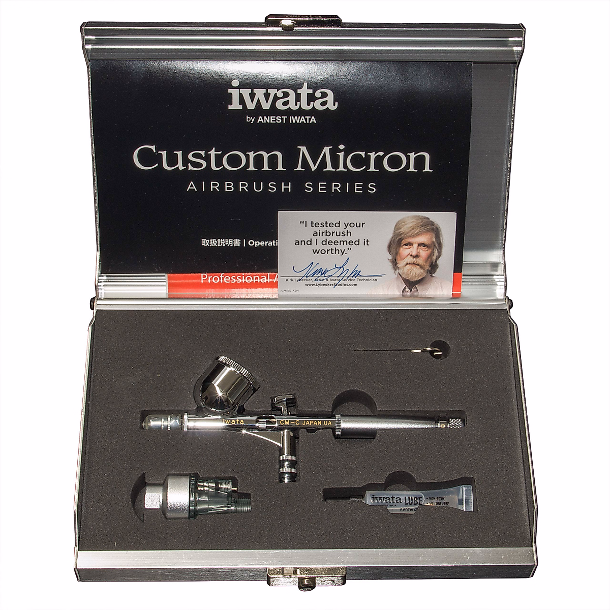 Custom Micron C Airbrush (ICM 4002) Version 2 by Iwata, Features a Square Shaped Trigger, Crown Cap Deck on End of Handle.23mm Needle and Nozzle, Silver