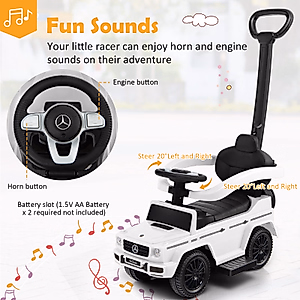 Costzon Push Car for Toddlers, 3 in 1 Mercedes Benz Stroller Sliding Walking Car w/Canopy, Handle, Armrest Guardrail, Underneath Storage, Horn Sound, Foot-to-Floor Ride On Toy for Boys Girls (White)