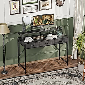 Huuger 47 inch Computer Desk with 3 Drawers, Office Desk Gaming Desk with LED Lights & Power Outlets, Home Office Desks with Storage Space for Bedroom, Work from Home, Black