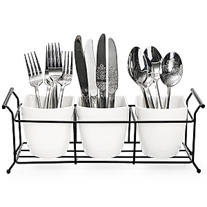 Bekith 3-Piece Ceramic Flatware Caddy with Metal Rack, Utensil Holder Silverware Caddy Cutlery Organizer, White
