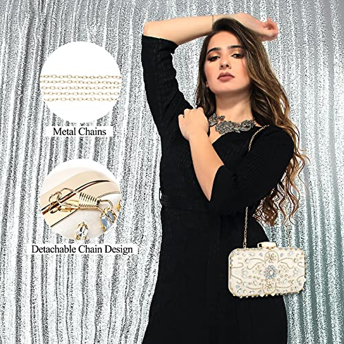 Women Noble Crystal Beaded Evening Bag Wedding Clutch Purse Champagne