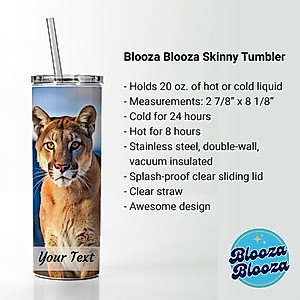 Personalized Custom Name Text Mountain Lion Cougar Skinny Tumbler 20oz with Straw Insulated Water Bottle Gift - 1 Line Horizontal