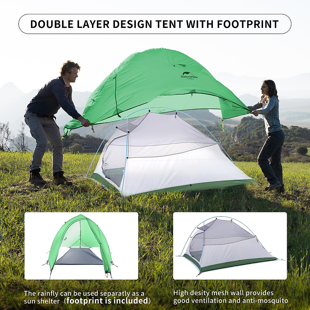 Naturehike Cloud-Up 2 Person Tent Lightweight Backpacking Tent with Footprint - Free Standing Ultralight Camping Hiking Backpack Tents Two Person Tent