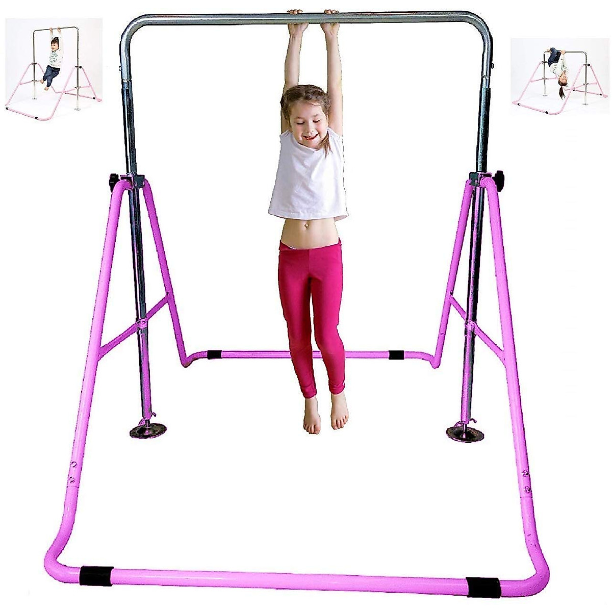 Kids Home Gymnastics Bar Jungle Gym 3 in 1 Set Deluxe Swing Seat, Trapeze Rings, Horizontal Kip Bar Height Adjustable Monkey Bar, Expandable Junior Training Gymnastic Balance Bar, Swing Set (Pink)