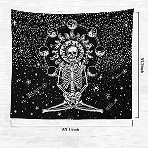 Skull Tapestry Human Skeleton Tapestry Meditation Skeleton Tapestry Black and White Stars Tapestry for Bedroom Living Room-H51.2×W59.1 inches