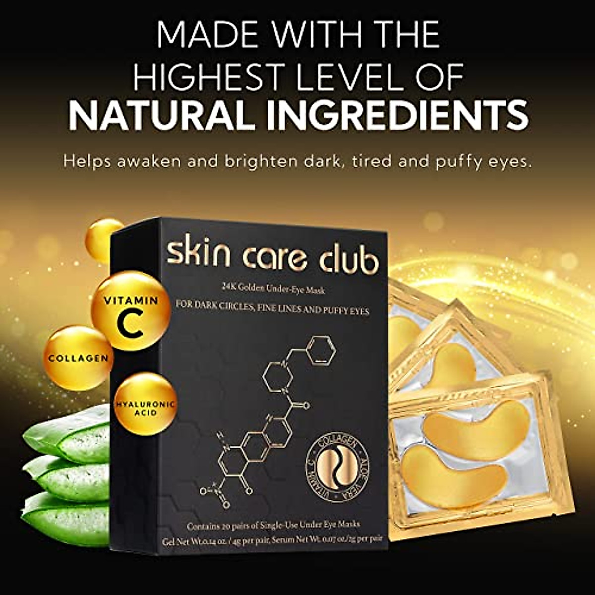 uniddis 24K Gold Under Eye Hydrogel Mask for Dark Circles, Fine Lines & Puffy Eyes | Infused with Collagen & Hyaluronic Acid | 100% Natural, Cruelty Free & Vegan | 20-PAIRS