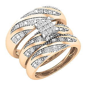 Dazzlingrock Collection 0.30 Carat (ctw) Round White Diamond Mens & Womens Couples Engagement Ring Bridal Wedding Band Matching Trio Set 1/3 CT, 14K Rose Gold, Womens size 10 and Mens size 10