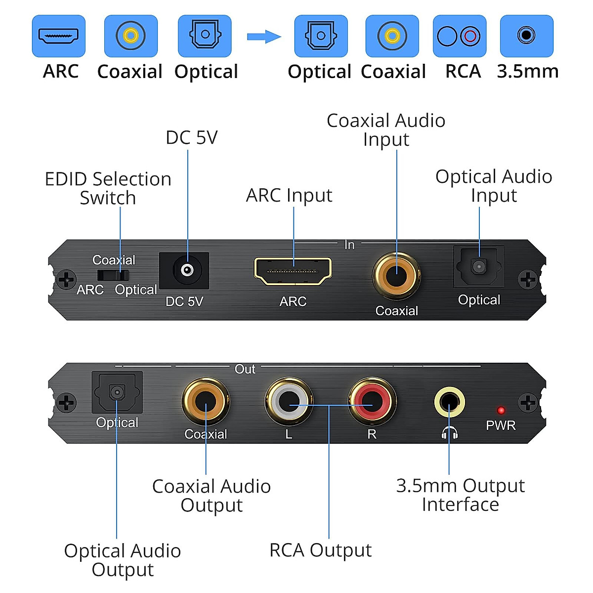 CAMWAY Digital to Analog Audio Converter,ARC Audio Extractor Audio Return Channel,Digital Optical SPDIF Coaxial and Analog 3.5mm L/R Stereo Audio Converter,Coaxial to 3.5mm and RCA
