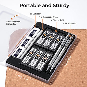 Nicpro 2 PCS Mechanical Pencils 0.5mm & 0.7 mm with Case, Metal Artist Pencil Set with 4 Tubes HB Lead Refills, 2 Erasers, 9 Eraser Refills For Art Writing Drafting, Drawing, Sketch, Silver