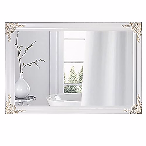 24x36 Inches White Wall Mirror, Wood Framed Rectangle Bathroom Mirror, Vintage Baroque Wall Mirror for Bedroom Bathroom and Living Room