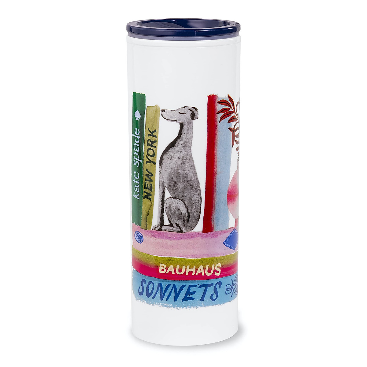 Kate Spade New York 16 Ounce Insulated Travel Mug, White Plastic Double Wall Tumbler, Thermal Cup for Coffee or Tea, Bookshelf