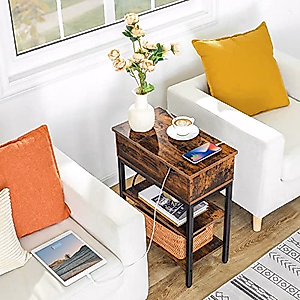 ALLOSWELL Side Table with Charging Station, Narrow Flip Top End Table with USB Ports and Outlets, Nightstand with Storage, Sofa Table for Living Room, Bedroom, Easy Assembly, Rustic Brown ETHR5601