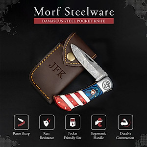 Morf Steelware Customized American Flag Damascus Pocket Knife, USA Patriotic Damascus Folding Knife Survival Pocket Knife for Men, Handmade Camping & Hunting Knife With Sheath