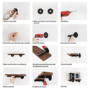 Home TZH Wall Mounted Floating Shelves, Floating Shelves with Industrial Pipe Brackets Set of 2 Rustic Wood Storage Shelf for Bedroom Living Room Bathroom Kitchen Office and More (2, Brown)