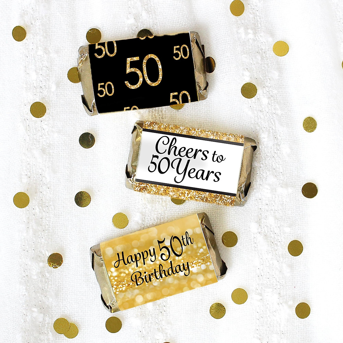 DISTINCTIVS Black and Gold 50th Birthday Party Mini Candy Bar Wrappers - 45 Stickers