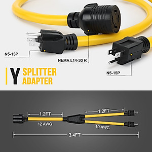 2X5-15 Plug Male to Generator Twist Lock L14-30 Receptacle Female Y Adapter Cord STW 3 Feet 120V/240V 30 Amp Generator Welder Dryer Power Cord Adapter,100% Copper Wire Conductor Inside.