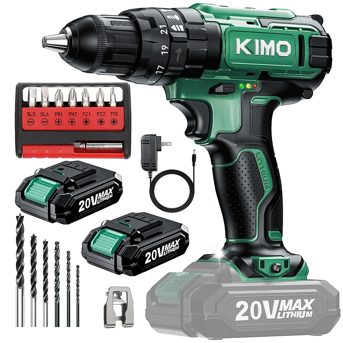 KIMO Hammer Drill - 20V 2X Battery Hammer Drill Cordless Drill Set, 350 In-lb Torque, 3/8" Keyless Chuck, 1350 RPM, 21+3 Position,14pcs Drill/Driver Bits, Power Drill Drivers for Concrete Brick Wall