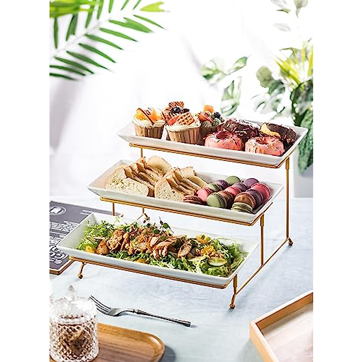 LYEOBOH 3 Tier Serving Stand and Platters Set Large Tiered with Collapsible Sturdier Rack 14 Inches Tray for Appetizer Fruit, Dessert Cupcake, White