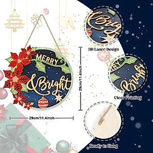 CHDITB Christmas Decoration Merry & Bright Door Sign(11.4"x11.4"), Wooden 3D Christmas Wall Hanging Sign with Mistletoe Jingle Bell, Cute Housewarming Gift for Home Office Xmas New Year