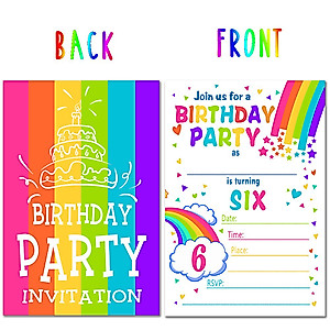 ukebobo Rainbow Happy Birthday Party Invitations for Child’s 6th Birthday Party – Colorful Invitation with Envelopes for Kids 6th Birthday Party – 20 Cards With Envelopes