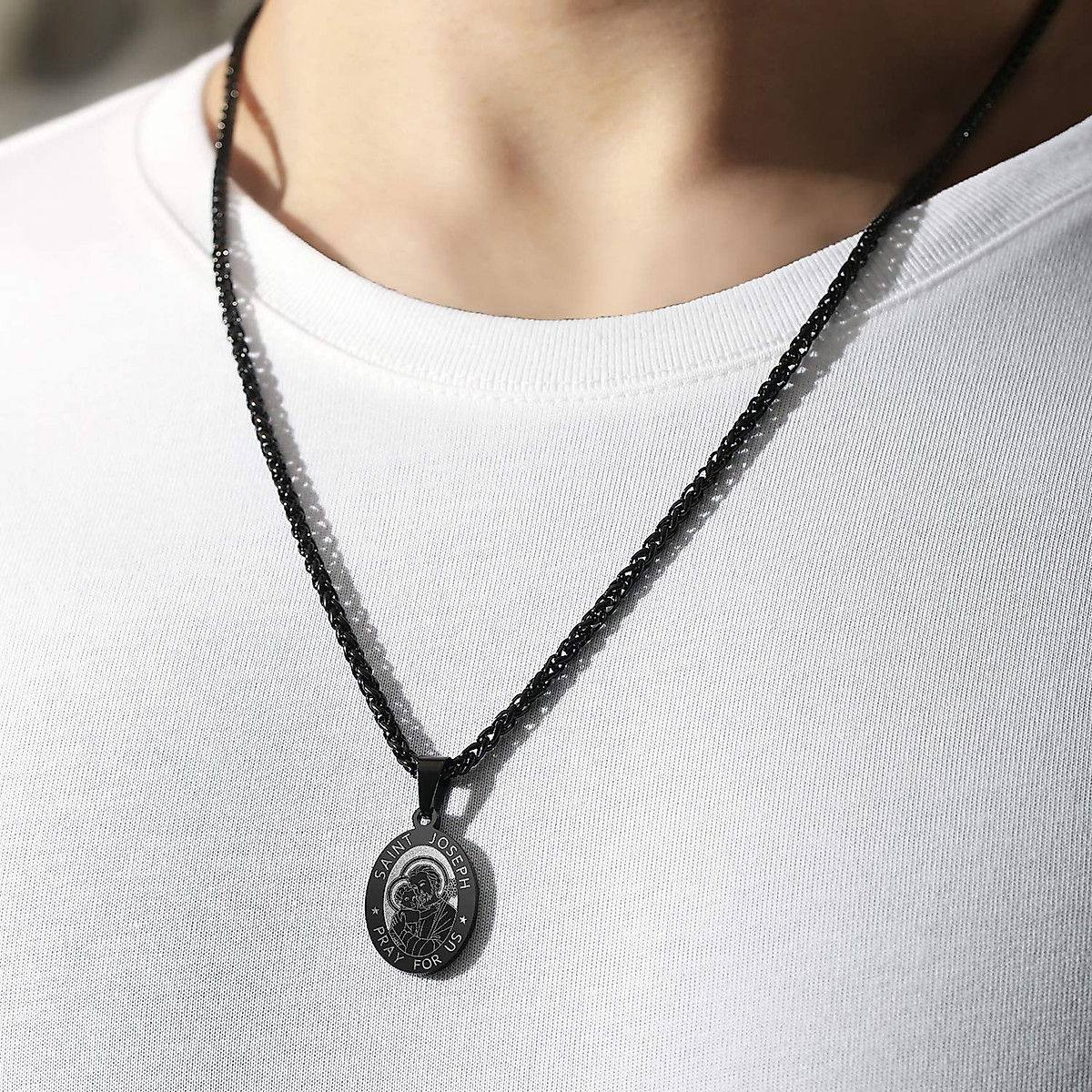 RS Black St Saint Joseph Medal Necklace for Men Boys Stainless Steel Pendant Chain Catholic Religious Baptism First Communion Confirmation Jewelry Gifts Teen Teenage Him Son