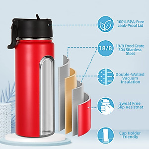 Volhoply 18oz Kids Insulated Water Bottle,Stainless Steel Water Bottles with Straw Lid,Wide Mouth Reusable Metal Thermos Water Bottle,Double Wall Vacuum Sports Travel Flask For Cold Drink(Red,1 Set)