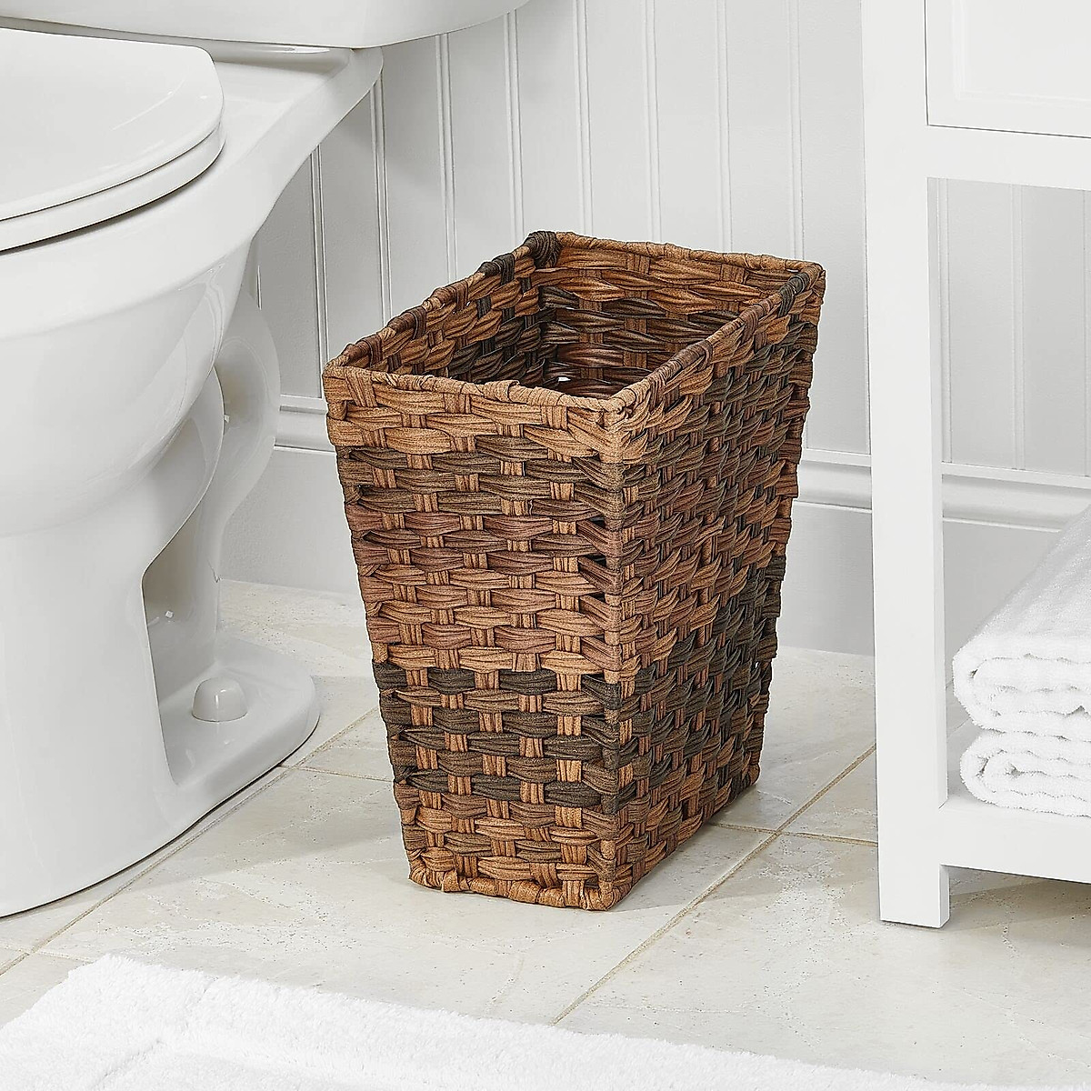 mDesign Small Woven Trash Can - Slim Rectangular Waste Basket - Decorative Garbage Waste Bin for Bedroom, Bathroom, Kitchen, Home Office, Craft, Laundry, Utility Rooms, and Garage - Brown Ombre