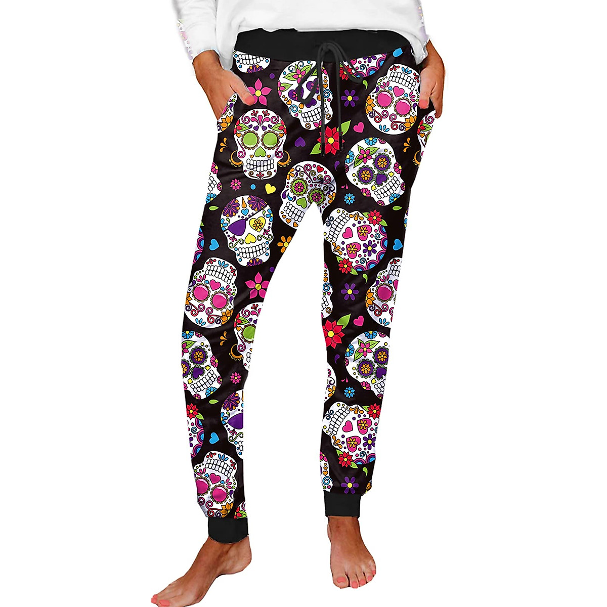 Women Halloween Sugar Skull Pajama Pants Day of The Dead Long Cotton Ankle Drawstring Joggers S