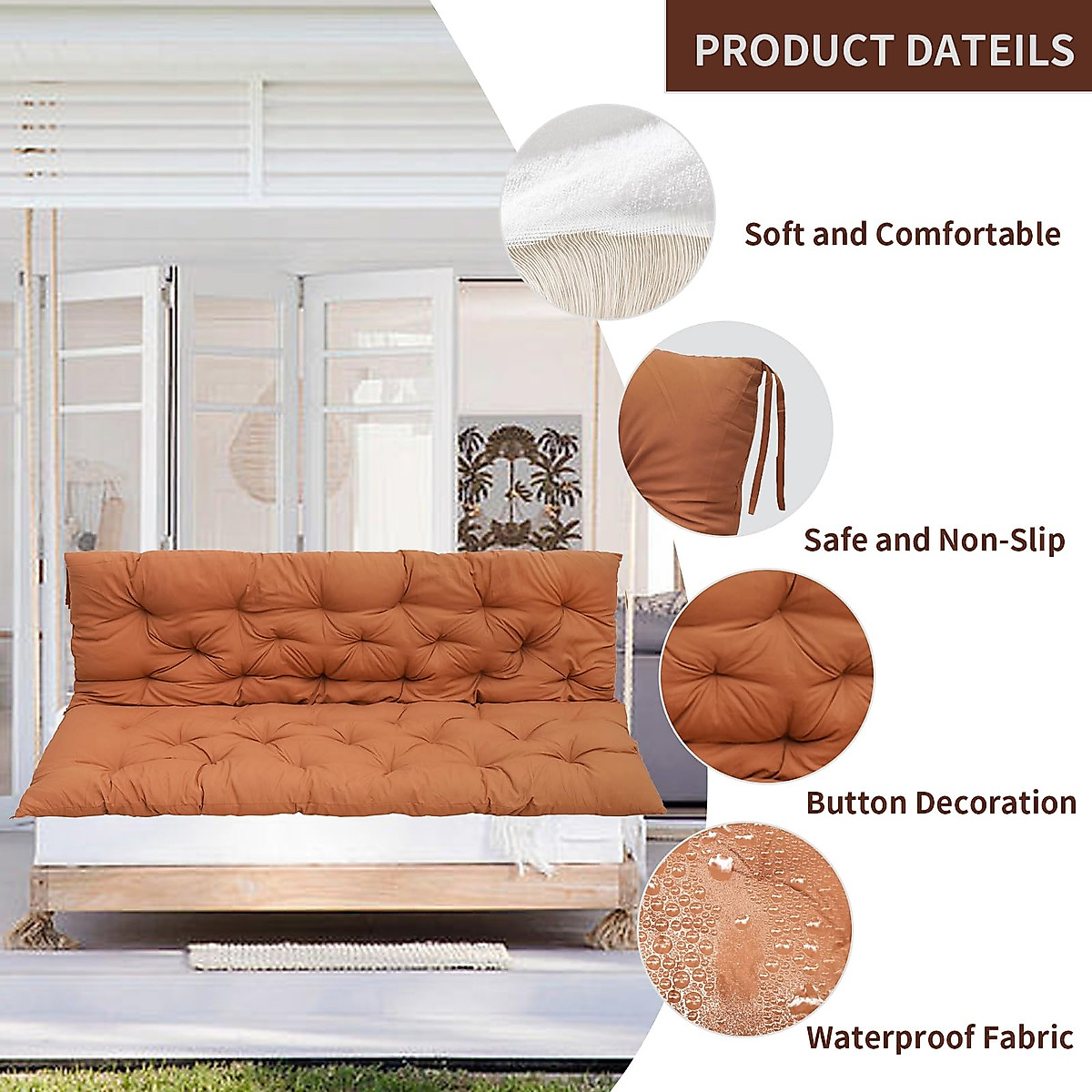 Porch Swing Cushion, Outdoor Cushions for Patio Furniture with Backrest, thickened 4" swing Cushions for Outdoor Furniture, for Porches, Patios, Outdoors and Gardens (Dark Curry,48x40)