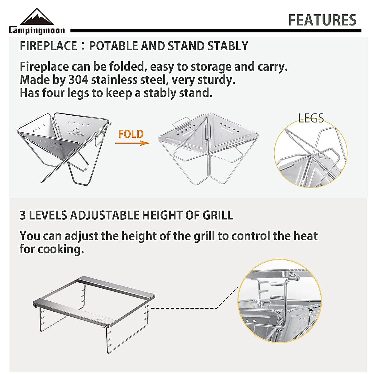 CAMPINGMOON 3-in-1 Portable Stainless Steel Wood Burning Grill and Fire Pit 16x18-inch with Carrying Bag MT-045