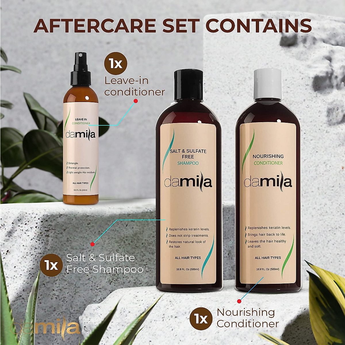 Damila Salt and Sulfate Free Shampoo & Conditioner, 16.9 fl oz & Leave In Conditioner, 8.11 fl oz Bundle