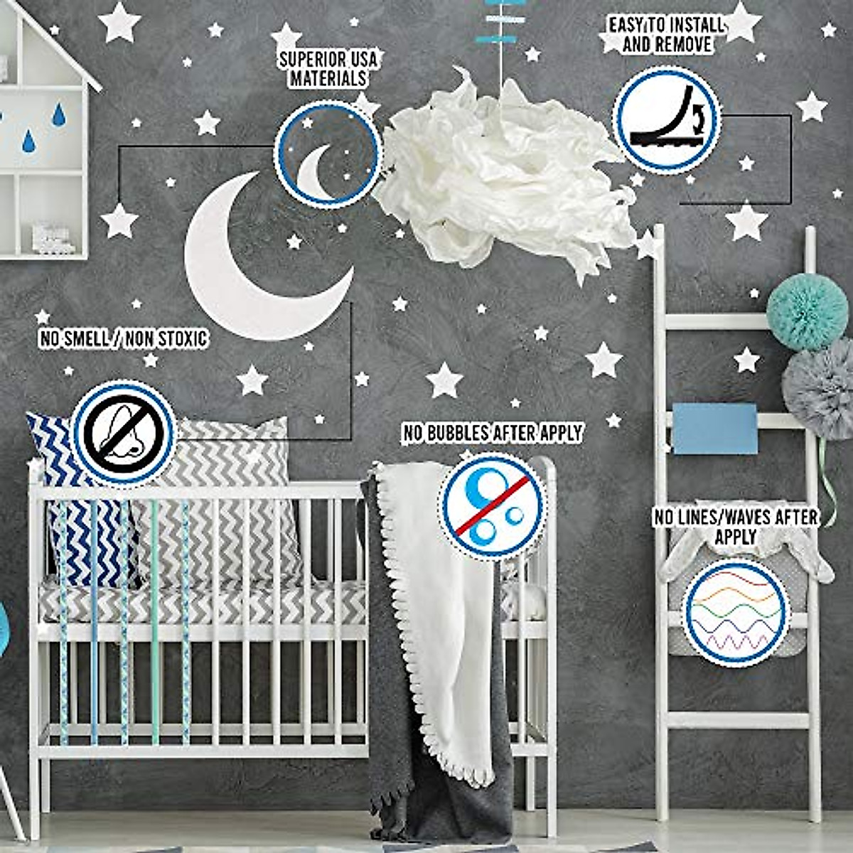 White Stars Stickers - Space Themed Bedroom Constellation Wallpaper Decor Decal - Star Moon Nursery Room Decals for Wall - 220 Stickers